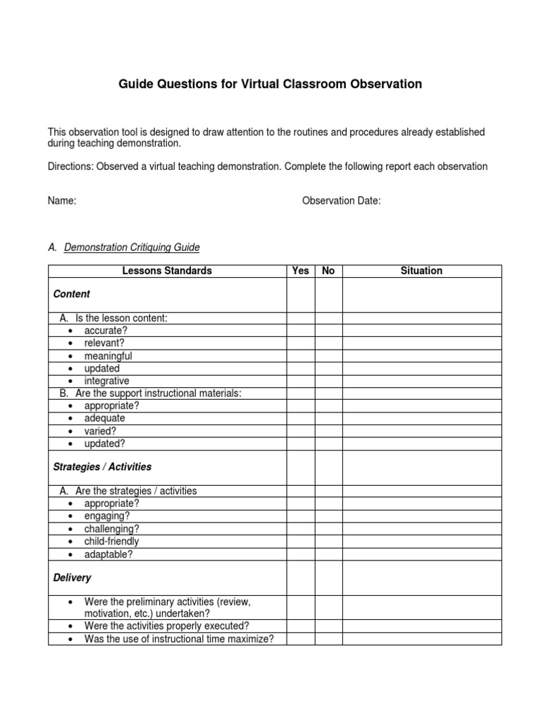 Guide Questions For Virtual Classroom Observation: A. Demonstration ...