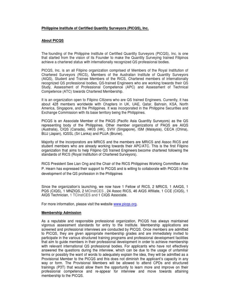 Philippine Institute of Certified Quantity Surveyors (PICQS), Inc | PDF ...