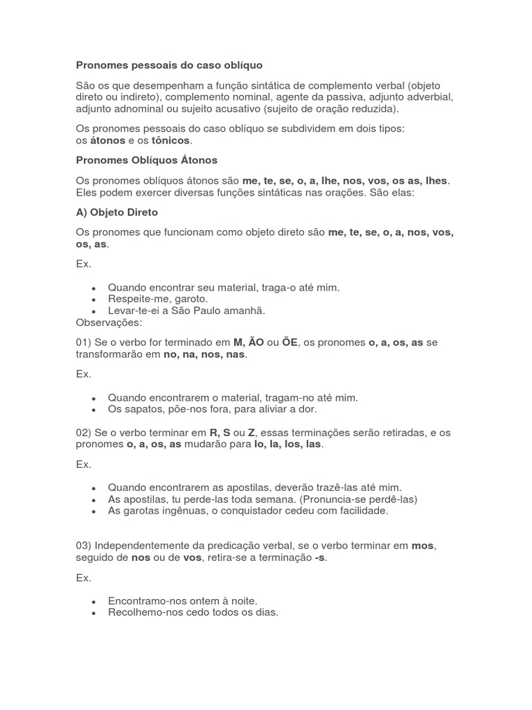 Pronomes Pessoais Do Caso Oblíquo | PDF