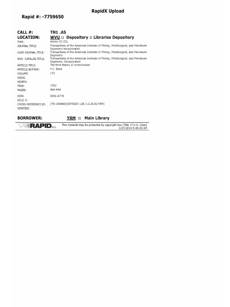 Bond Third Theory of Comminution | PDF