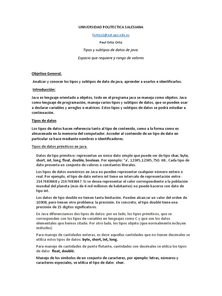 Tipos de Datos JAVA | PDF | Tipo de datos | Poco
