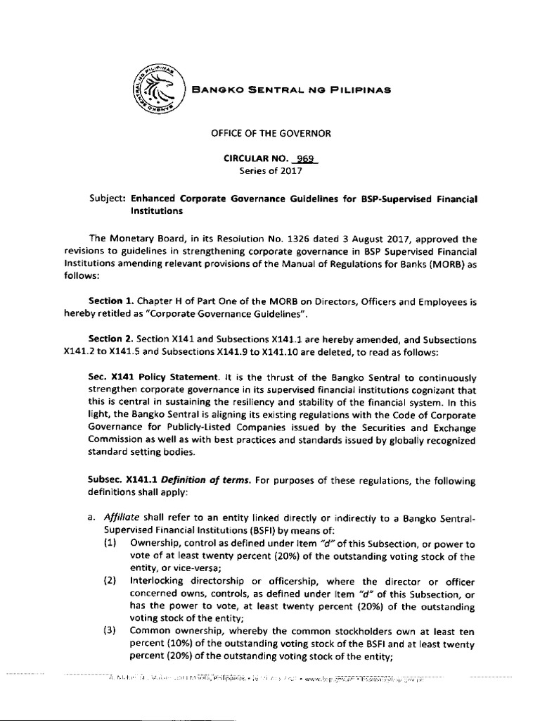 BSP Circular 969 | Board Of Directors | Internal Audit