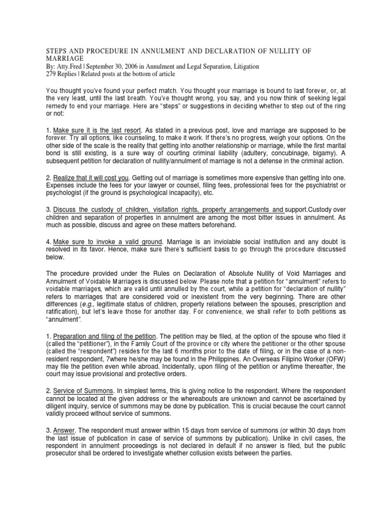 Steps and Procedure in Annulment and Declaration of Nullity of Marriage | PDF | Annulment | Lawsuit