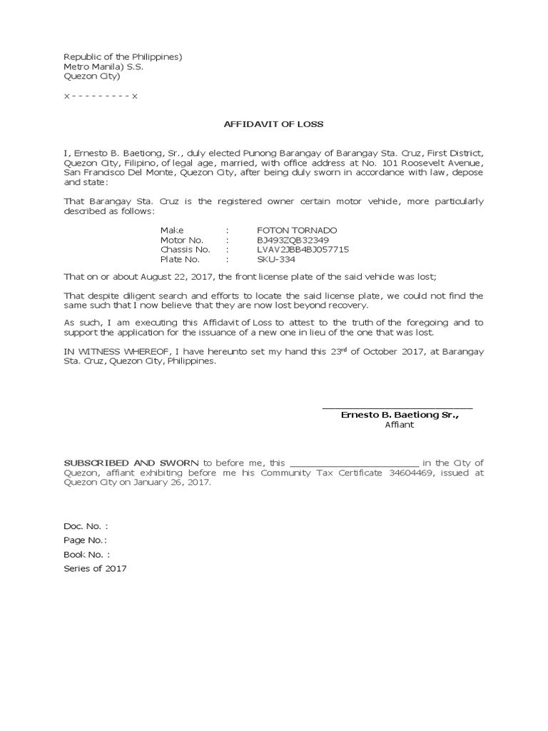 Affidavit Loss Plate | PDF | Affidavit | Document