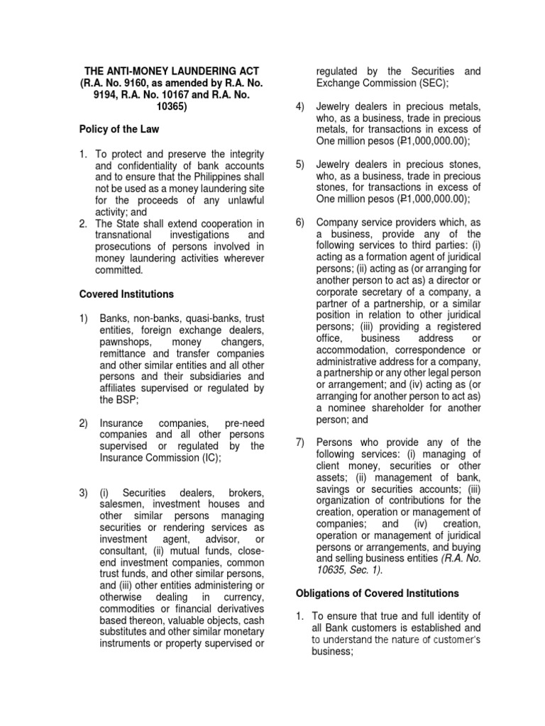 The Anti-Money Laundering Act (R.A. No. 9160, As Amended by R.A. No ...