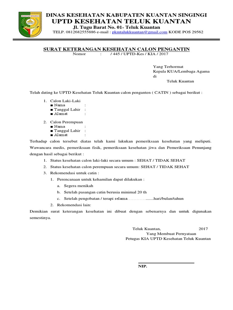 Surat Keterangan Sehat Catin