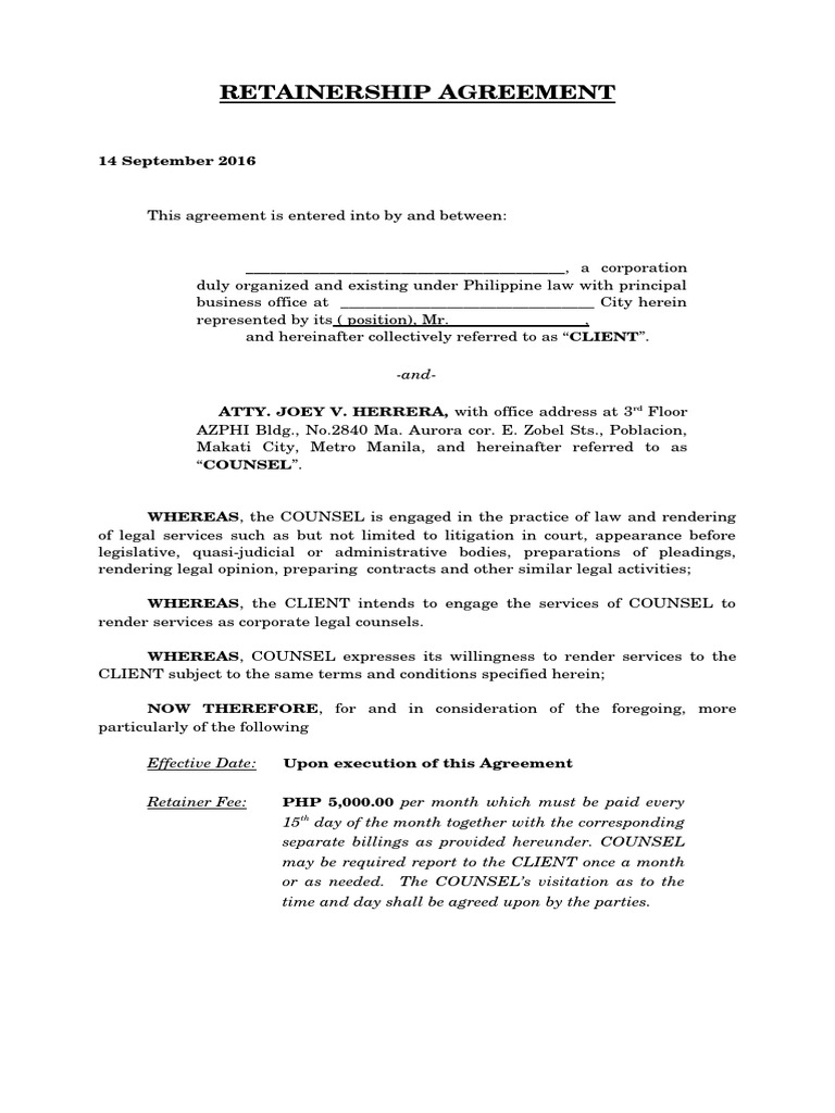 Retainership Agreement (Draft) | Judgment (Law) | Lawyer