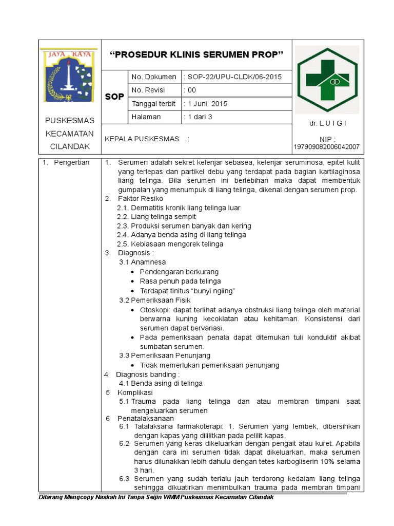 Sop 22 Prosedur Klinis Serumen Prop | PDF