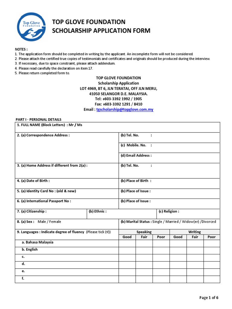 Top Glove Foundation Scholarship Application Form | PDF | Disability ...