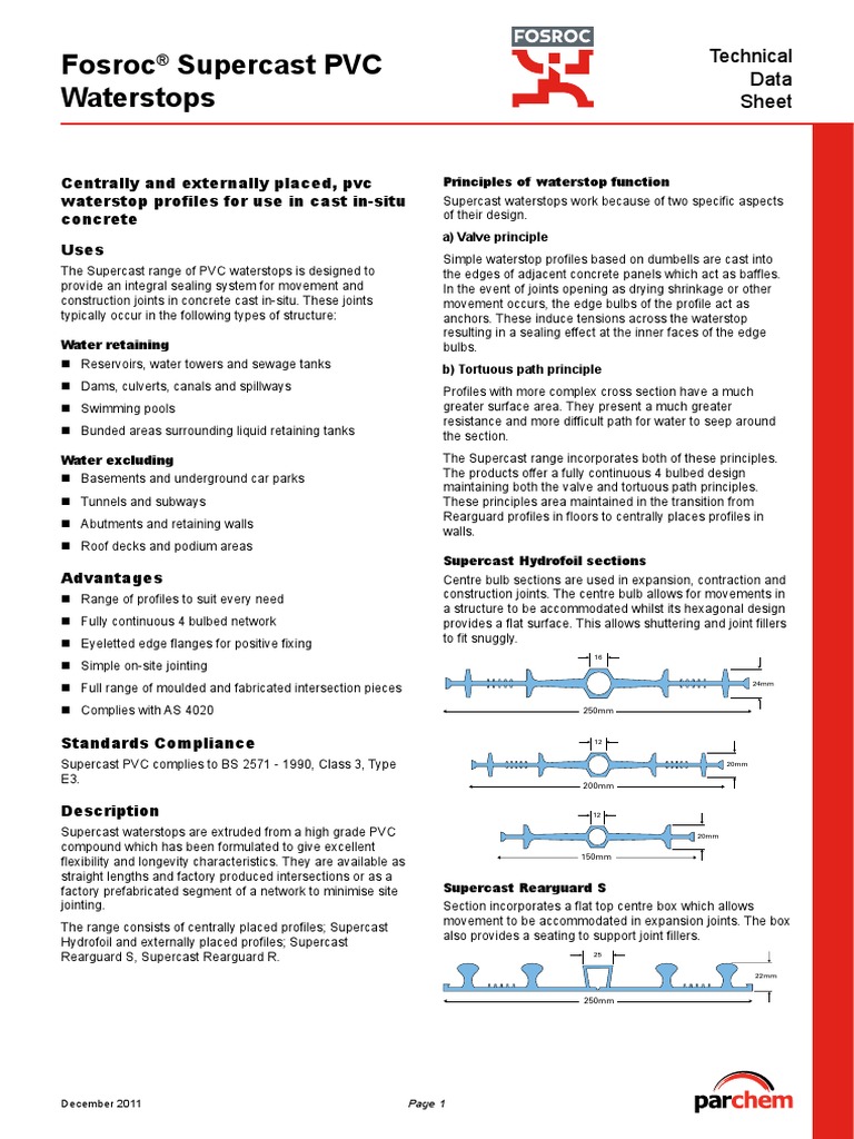 Fosroc Supercast PVC Waterstops: Technical Data Sheet | PDF | Polyvinyl ...