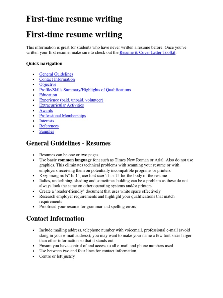 First-Time Resume Writing First-Time Resume Writing: General Guidelines ...