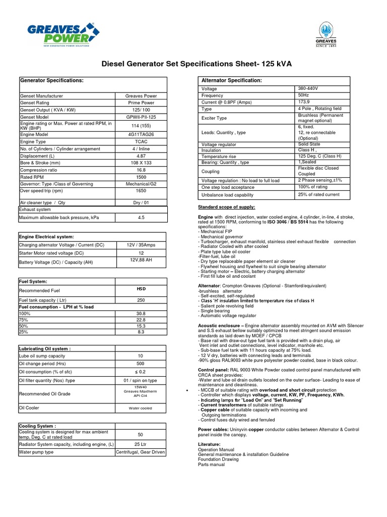 Diesel Generator Set Specifications Sheet-125 kVA | PDF | Diesel Engine ...