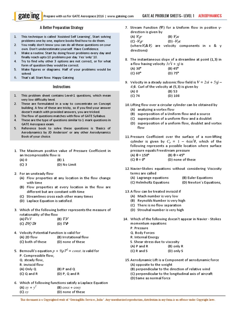 Aerodynamics Problem Sheet Level 1 Pdf Lift Force Mach Number