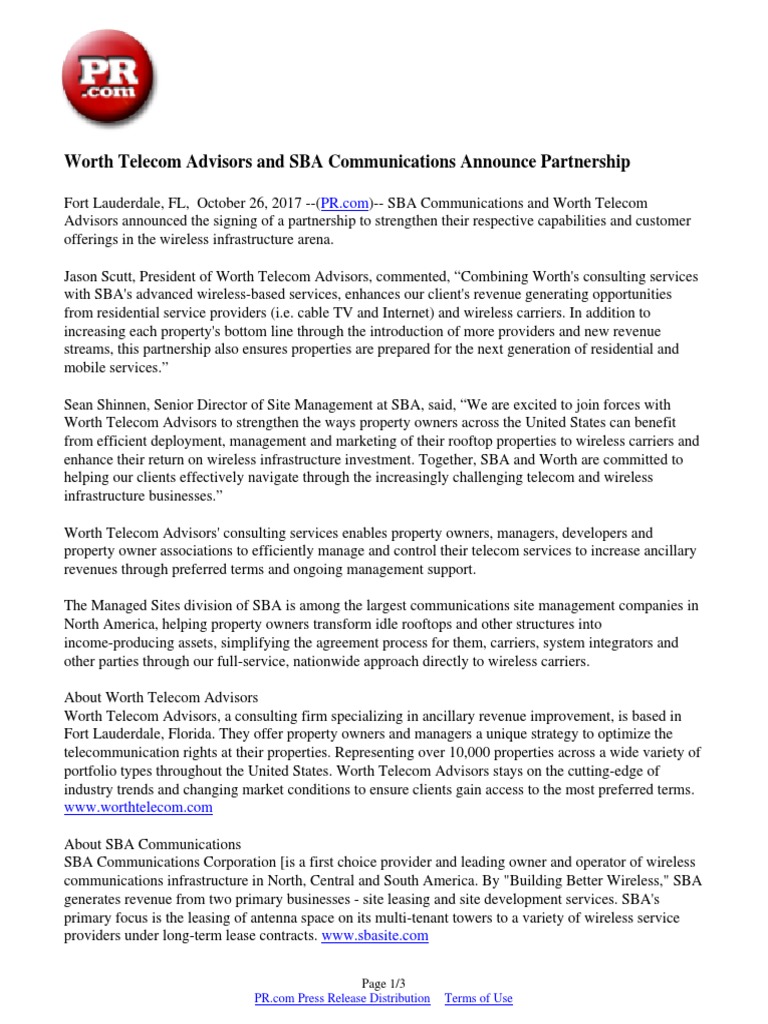 Worth Telecom Advisors and SBA Communications Announce Partnership ...