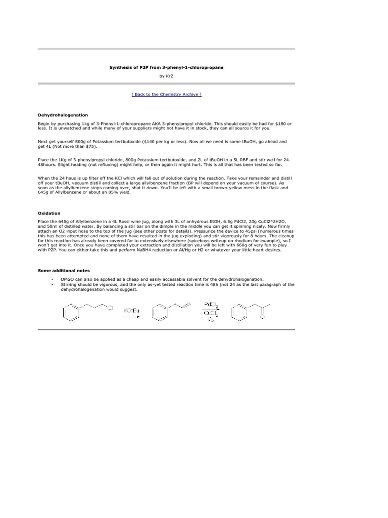 Synthesis of P2P From 3-Phenyl-1-Chloropropane | PDF