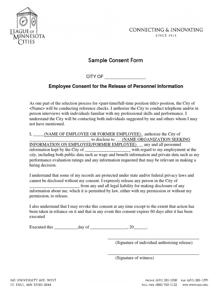 Sample Consent Form: Employee Consent For The Release of Personnel ...