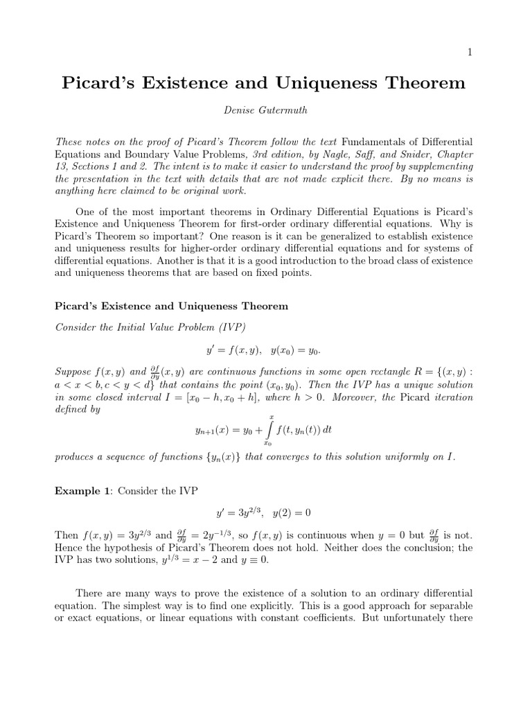 Picard's Existence and Uniqueness Theorem: 0 0 0 @F @y 0 0 0 0 X N ...