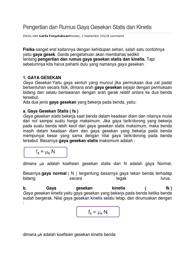 Pengertian Dan Rumus Gaya Gesekan Statis Dan Kinetis | PDF