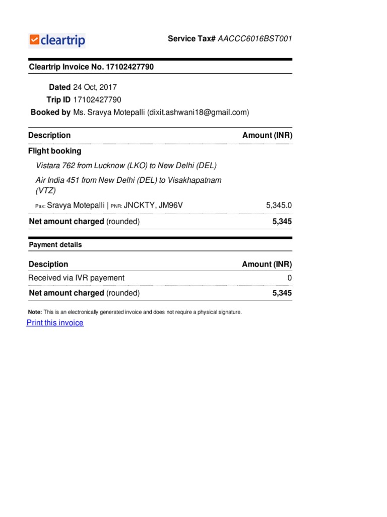 Cleartrip Flight Invoice | PDF | Invoice | Services (Economics)