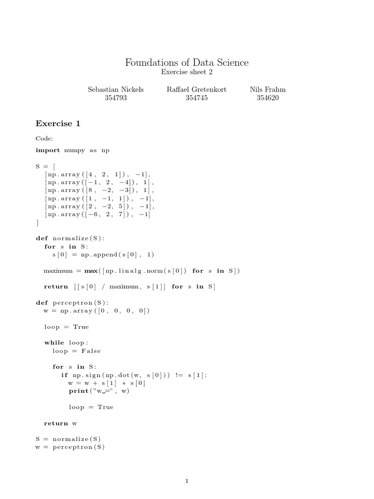 Foundations of Data Science: Exercise 1 | PDF | Mathematical Concepts ...