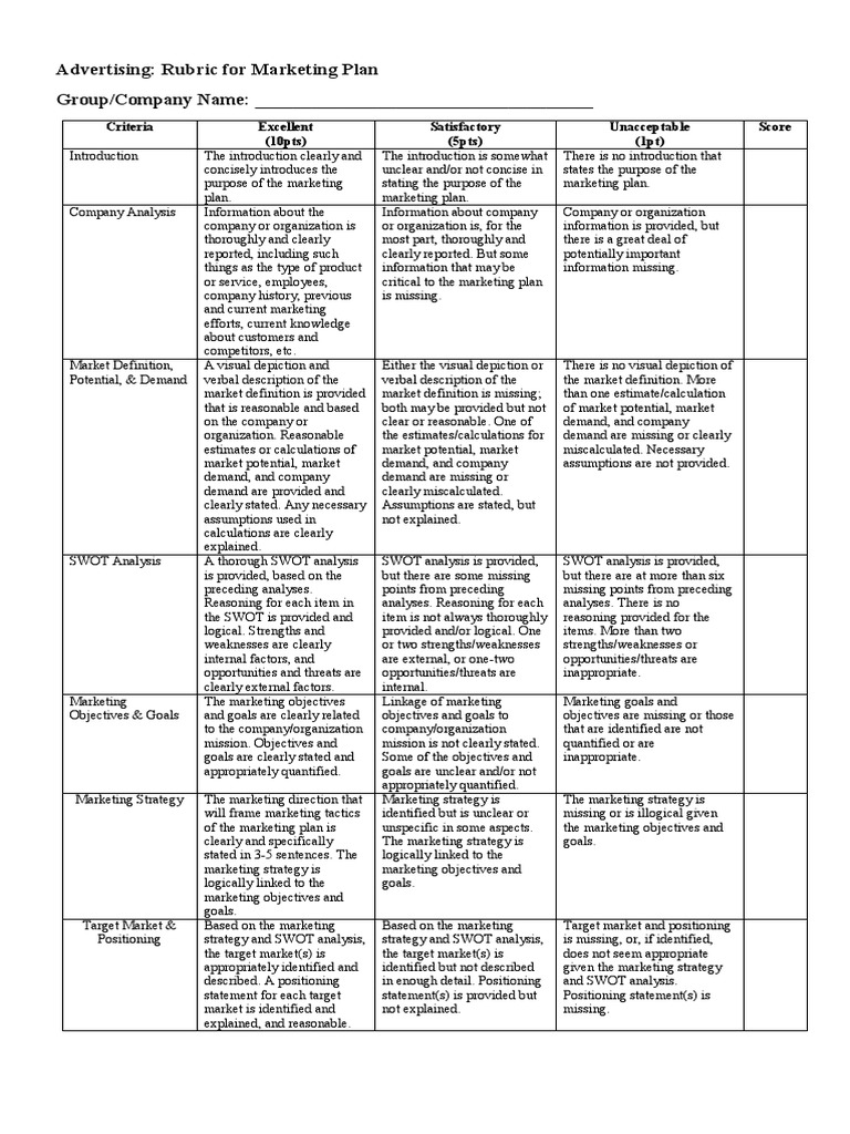 Marketing Plan Evaluation Rubric | PDF | Swot Analysis | Cognitive Science
