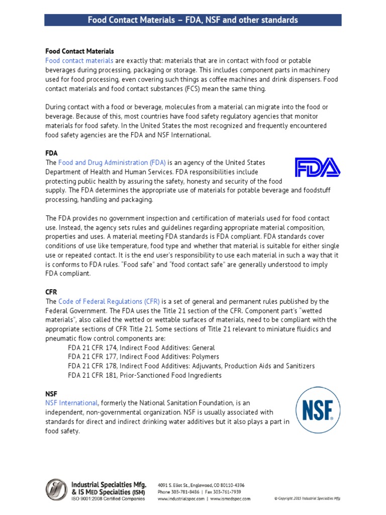 Food Contact Materials FDA NSF and Other Standards | PDF | Food And ...