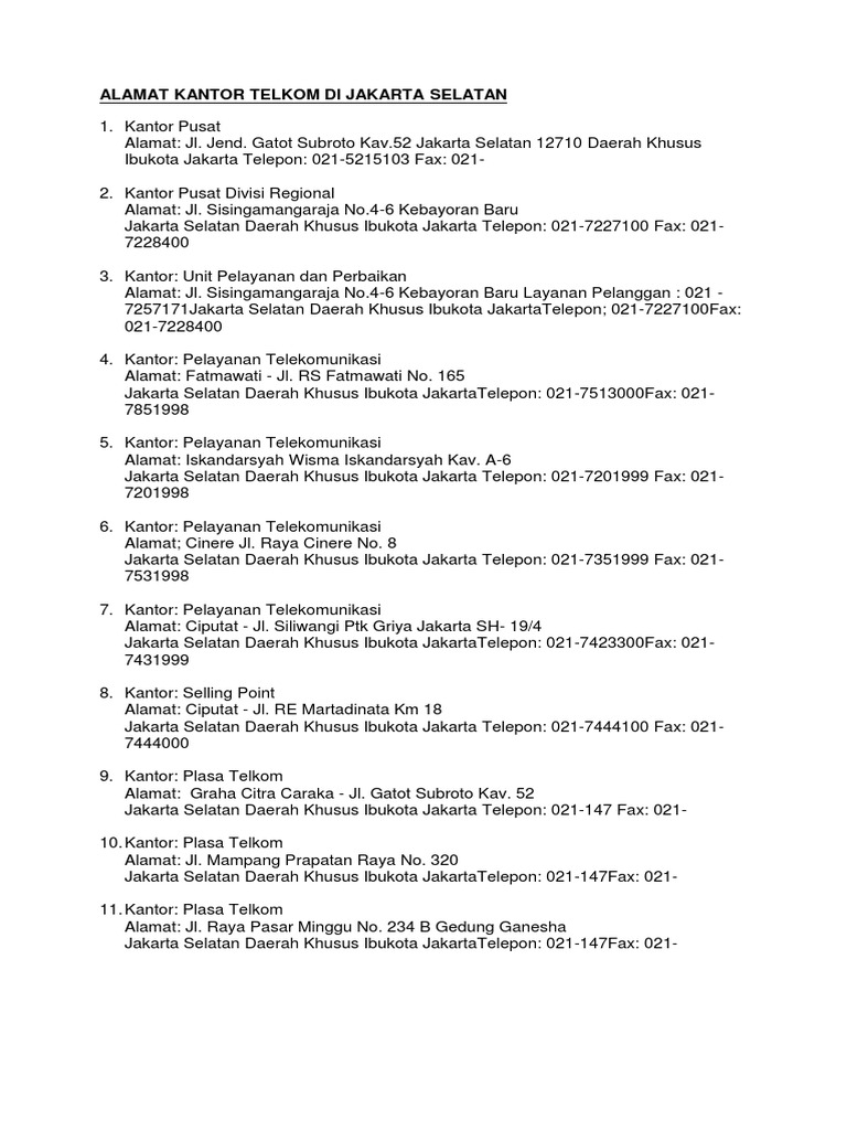 Alamat Kantor Telkom Jakarta Selatan | PDF | Bisnis | Teknologi & Rekayasa