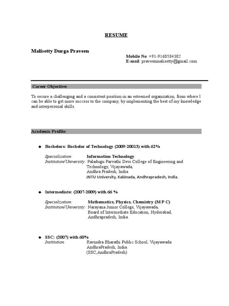 Resume - Malisetty Durga Praveen | PDF | Microsoft Visual Studio | Computing