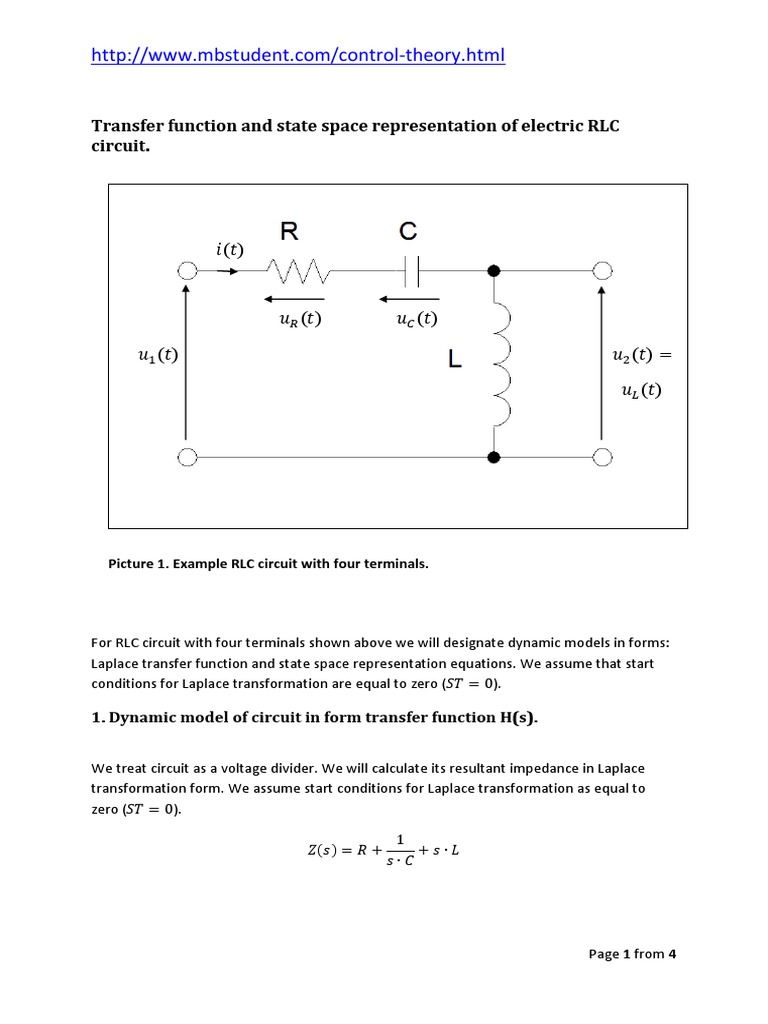 Transfer Function State Space Representation RLC Circuit Example 2 ...