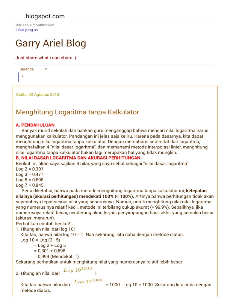 Menghitung Logaritma Tanpa Kalkulator | PDF | Karier & Perkembangan