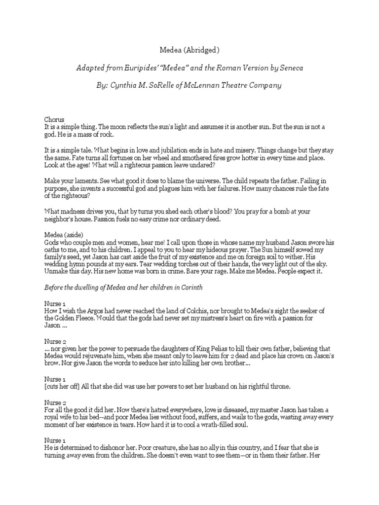 Adapted From Euripides' "Medea" and The Roman Version by Seneca By ...