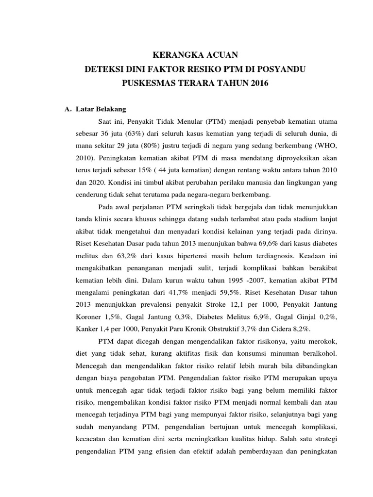 Kerangka Acuan Deteksi Dini Resiko PTM Di Posyandu | PDF