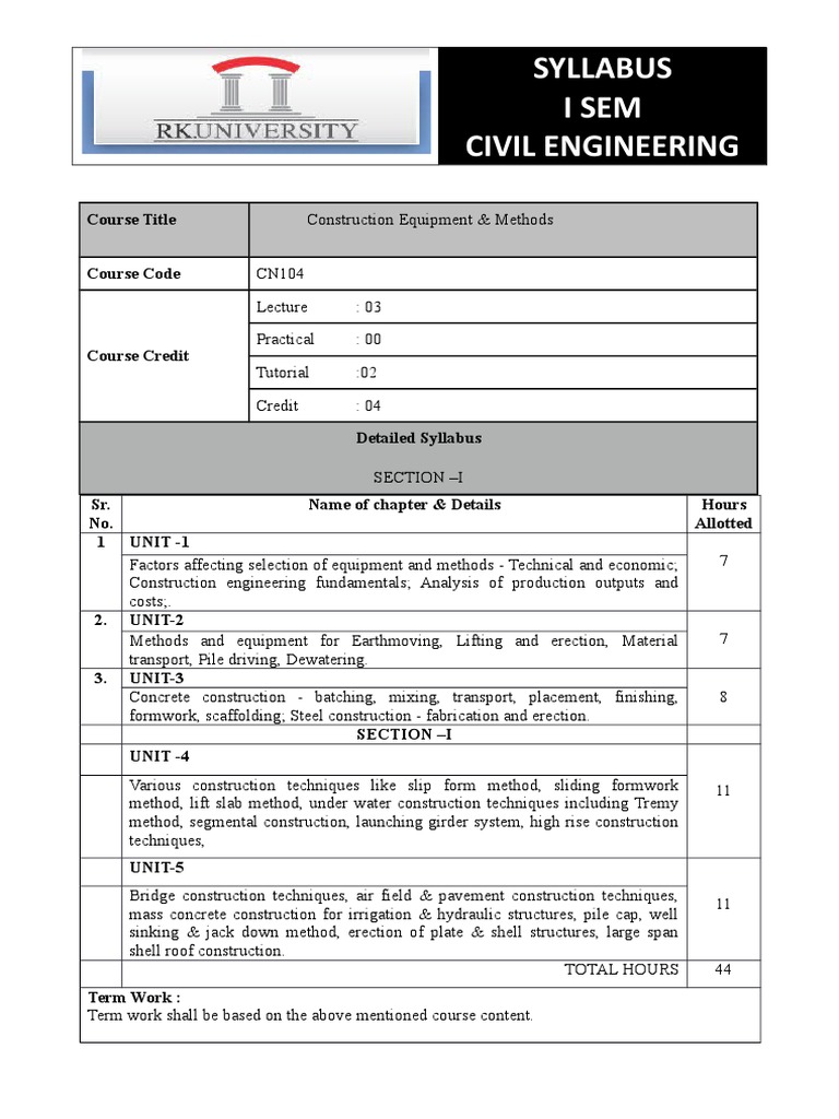 Syllabus I Sem Civil Engineering: Course Title | PDF | Heavy Equipment ...