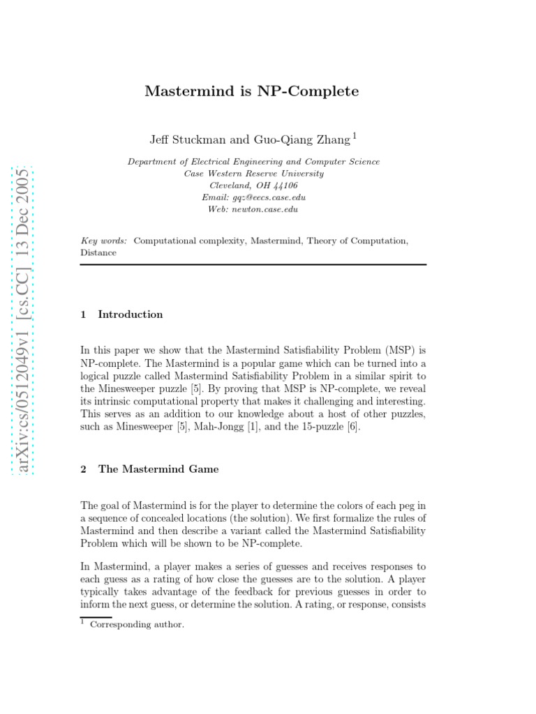 Mastermind Satisfiability: NP-Complete | PDF | Theoretical Computer Science | Discrete Mathematics