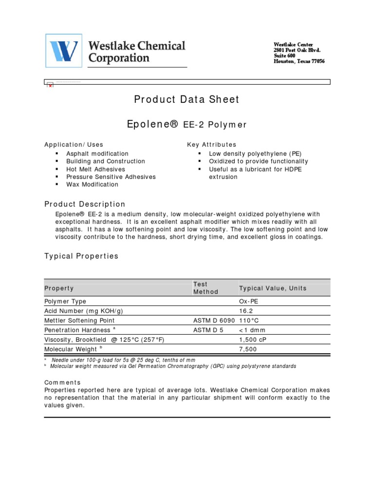 Microsoft Word - TDS Epolene EE-2 | Polyethylene | Polymers