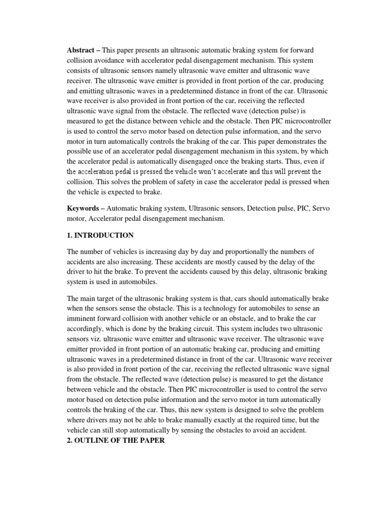 Abstract - This Paper Presents An Ultrasonic Automatic Braking System ...