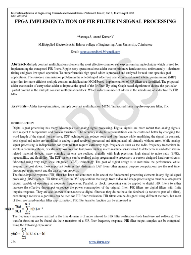 Fpga Implementation of Fir Filter in Signal Processing: Abstract | PDF ...