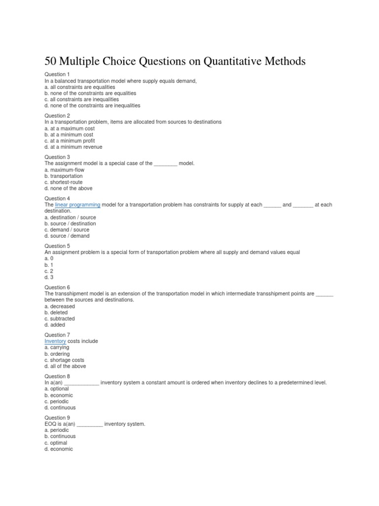 50 Multiple Choice Questions On Quantitative Methods | PDF | Moving ...
