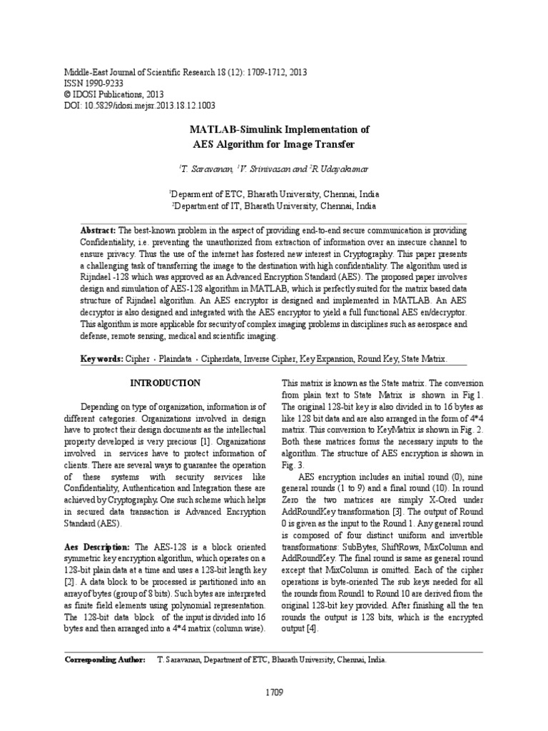 MATLAB-Simulink Implementation of AES Algorithm For Image Transfer | PDF | Cryptography | Matrix ...
