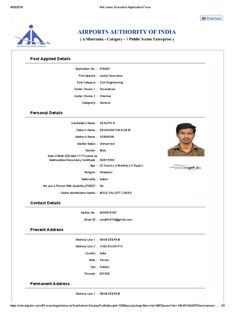 AAI Junior Executive Application Form Complete | PDF | Kerala ...