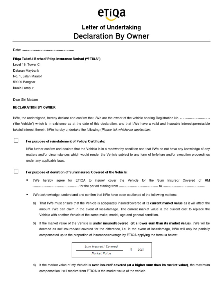 Declaration by Owner: Letter of Undertaking | PDF | Indemnity | Insurance