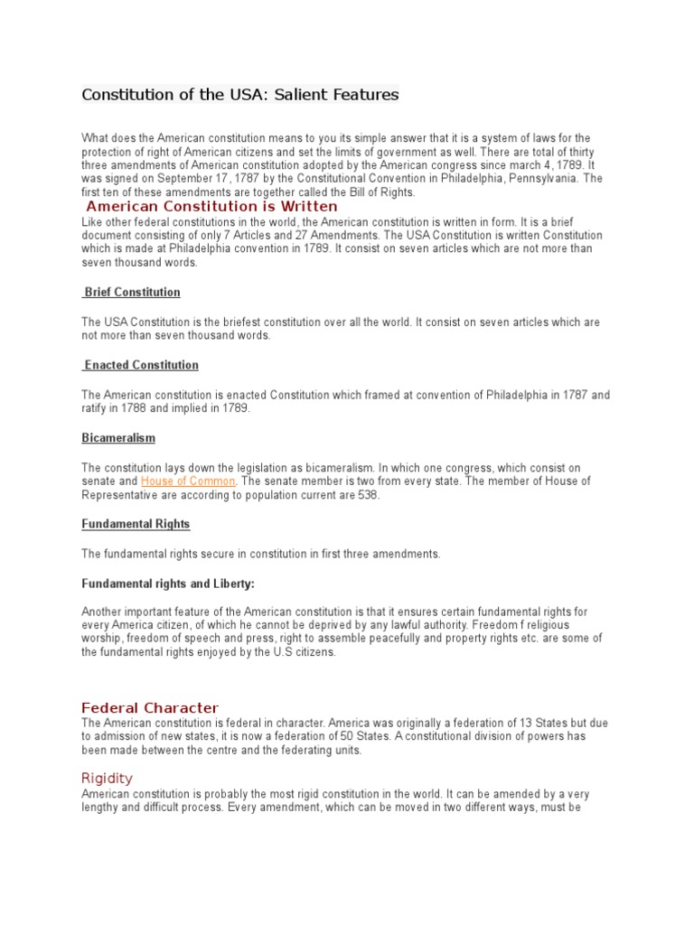 Constitution of The USA Salient Features | PDF | United States ...