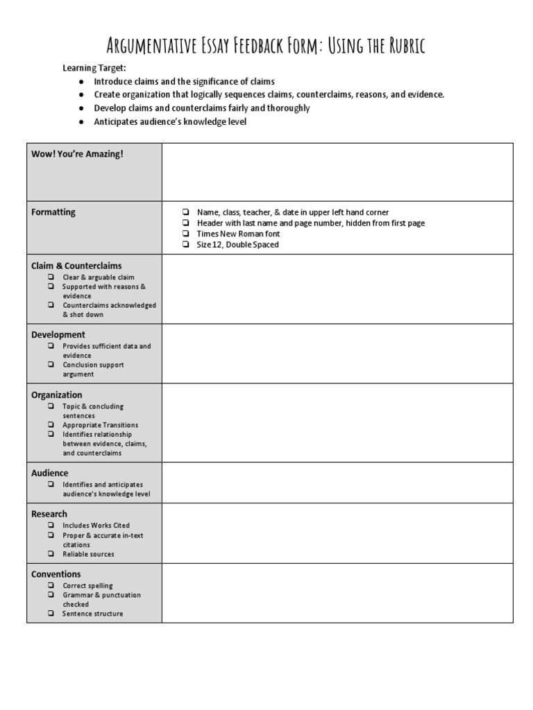 Argumentative Essay Feedback Form: Using The Rubric | PDF | Career ...