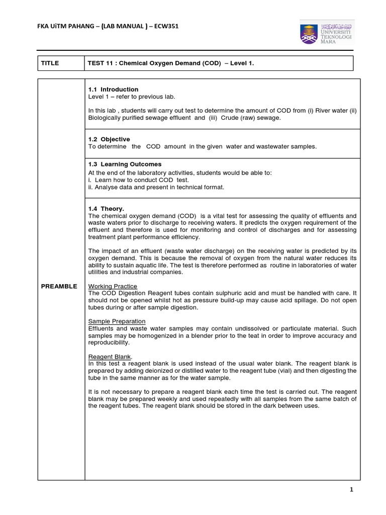 COD Test Guide for Water & Wastewater Samples | PDF | Wastewater ...