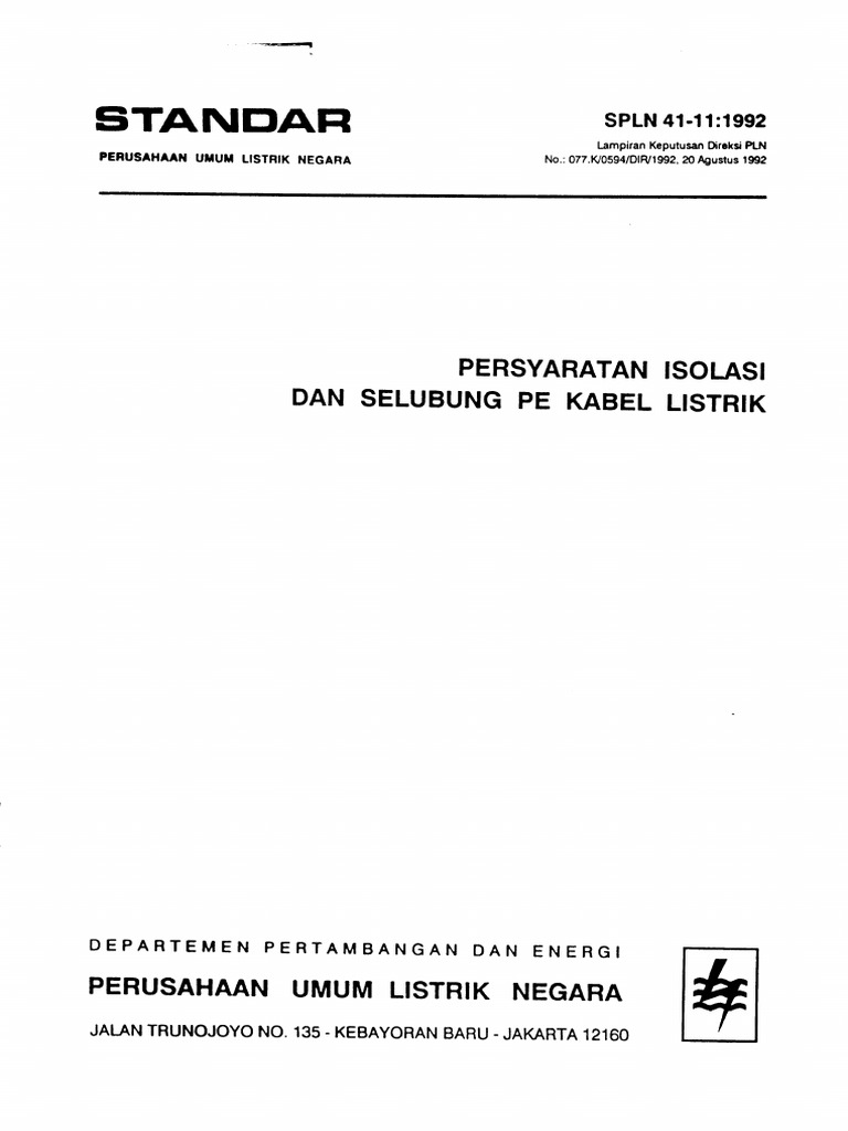 Standar Isolasi Kabel Listrik SPLN 41-11 | PDF