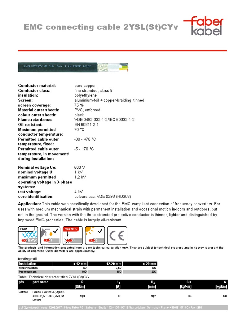 Specification for EMC Connecting Cable 2YSL(St)CYv for Frequency ...