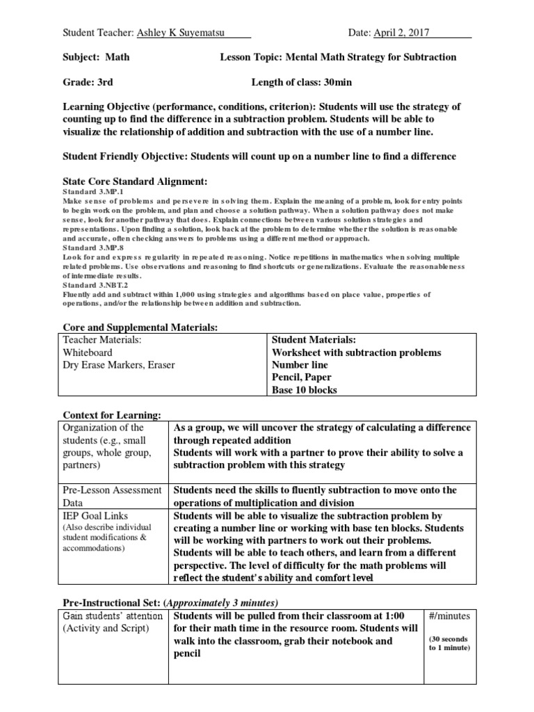 Explicit Instruction Lesson 1 | PDF | Subtraction | Education Theory