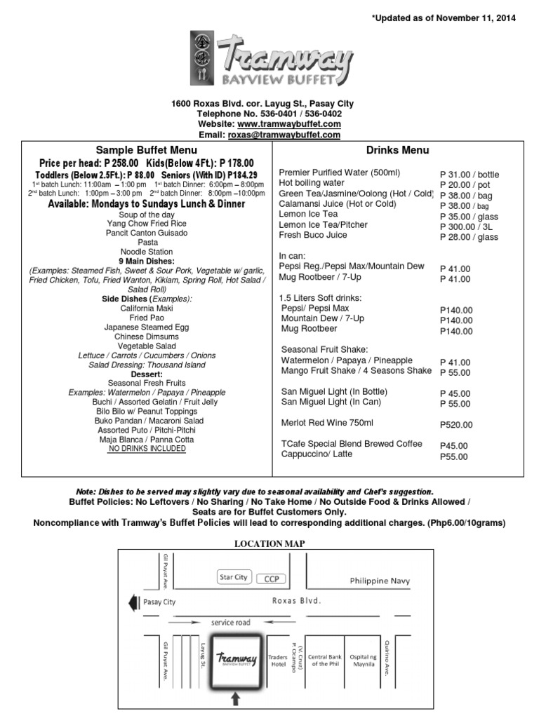 Sample Buffet Menu Price Per Head: P 258.00 Kids (Below 4Ft.) : P 178. ...
