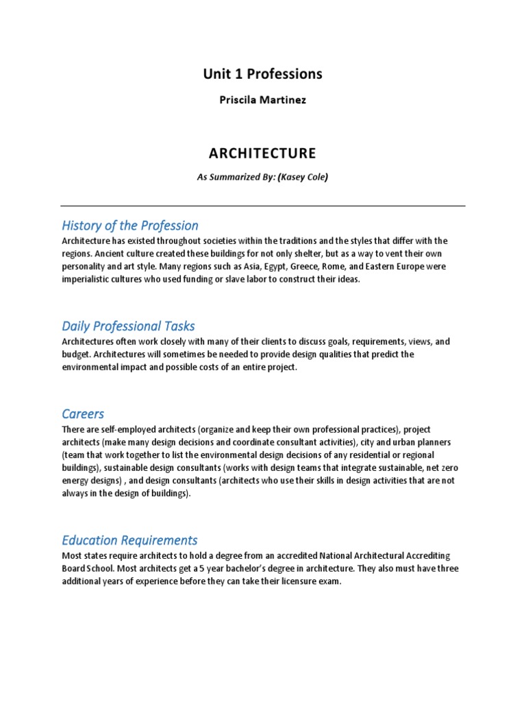 Unit 1 - Professions - Notes 1 | PDF | Architect | Engineer