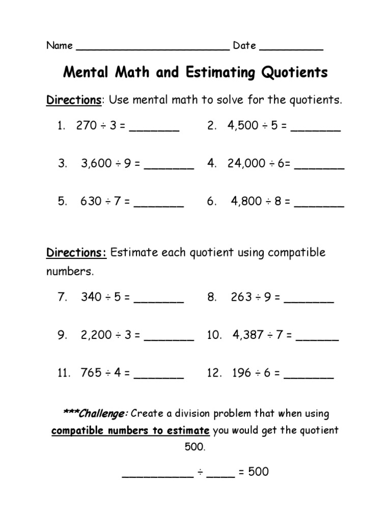 Mental Math & Quotient Estimation Worksheet | PDF